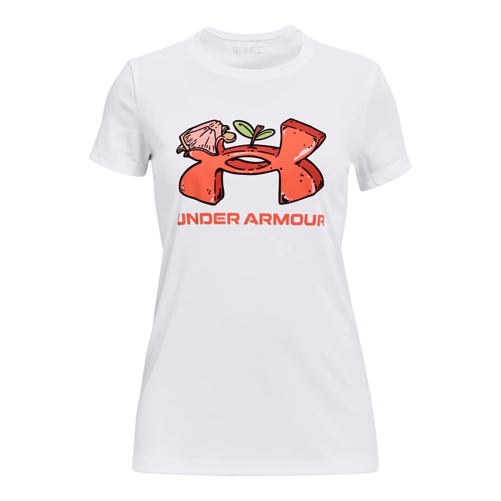 Under Armour Girls' Tech Solid Sportstyle Short-Sleeve Crew Neck T-Shirt, White (101)/Electric Tangerine, Youth Medium