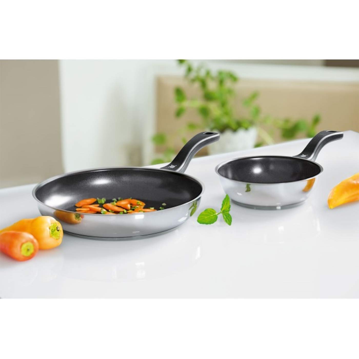 WMF Premium Induction Pan Set 3 Pieces 24 + 28 cm Non-Stick Pan + Jamie Oliver Glass Lid 28 cm for Gentle Roasting, Induction Cooker, Cromargan Stainless Steel, Ergonomic Plastic Handle