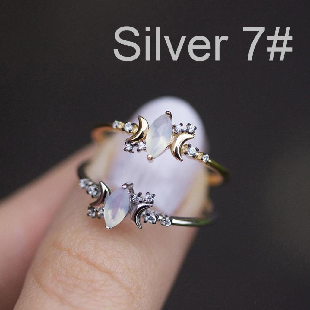 Wedding Band, Chic Women Moon White Opal Engagament Band Halo Designer Ring Size (Silver, 6)