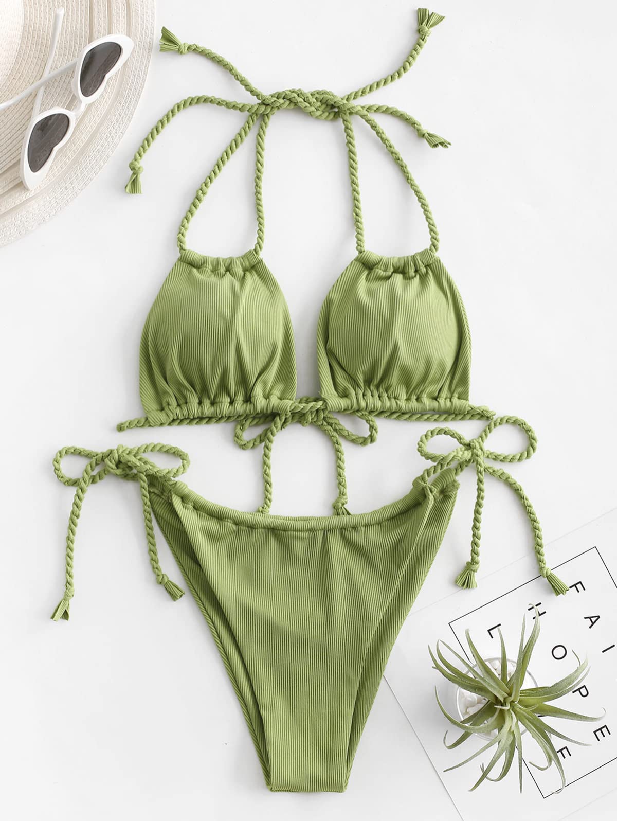 ZAFUL Ribbed Sexy Halter Bikini for Women Multi Way Bikini Sets Tie Side High Cut Two Piece Swimsuit Green M