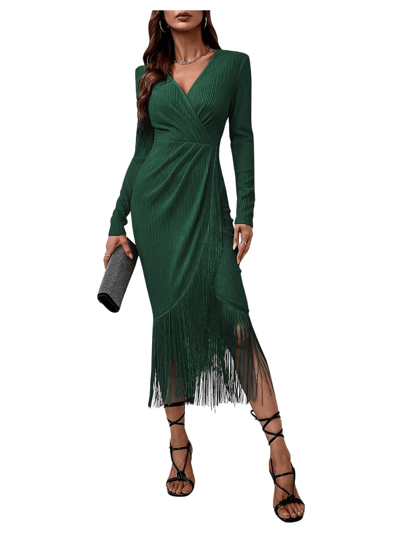 WDIRARA Women's Fringe Wrap Ruched V Neck Long Sleeve Solid Bodycon Party Maxi Dress Dark Green XL