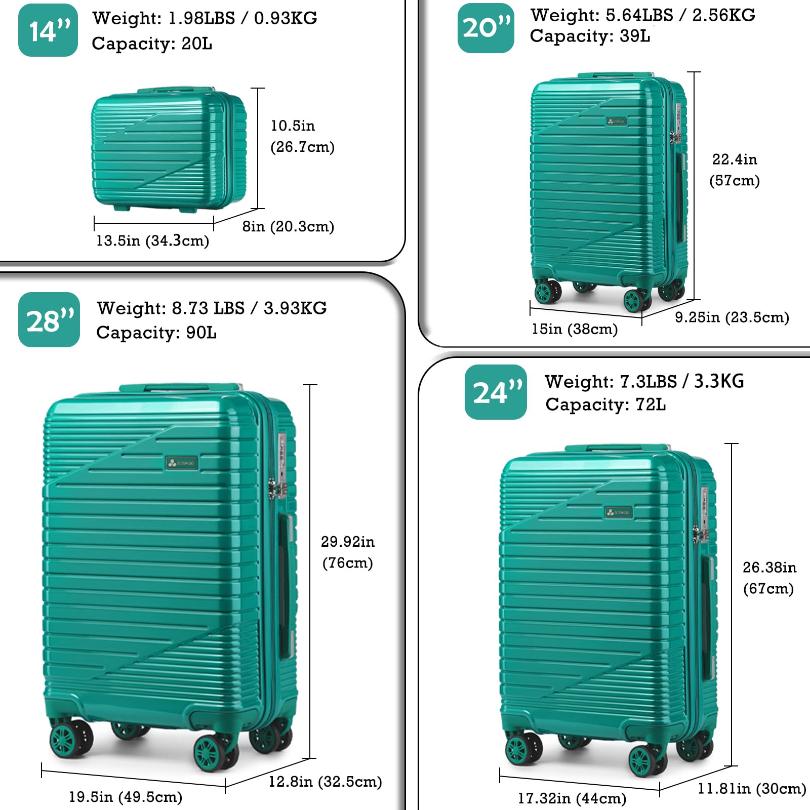 Somago 4 Piece Luggage Sets Expandable Suitcase (Only 24") Traveling Hardside Polycarbonate Lightweight Suitcases with 4 Wheels TSA lock YKK Zippers (14"/20"/24"/28", Turquoise Blue)