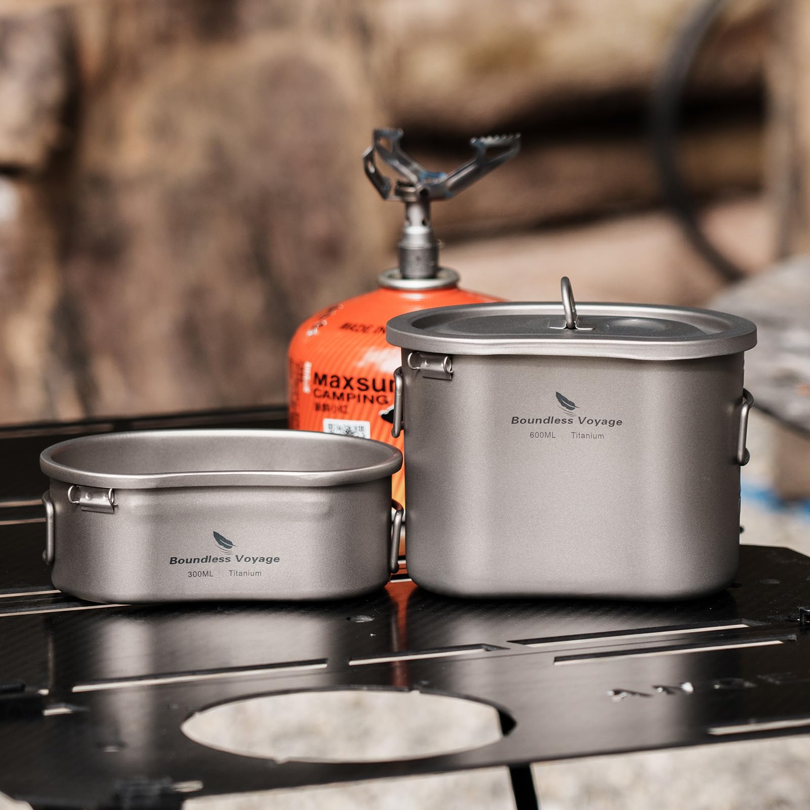 usharedo Boundless Voyage Titanium Camping Pots Set with Hanging Ring Ultralight Portable Bowl Picnic Cookware Titanium Canteen Mess kit for Outdoor Hiking Backpacking Mountaineering Ti15123B