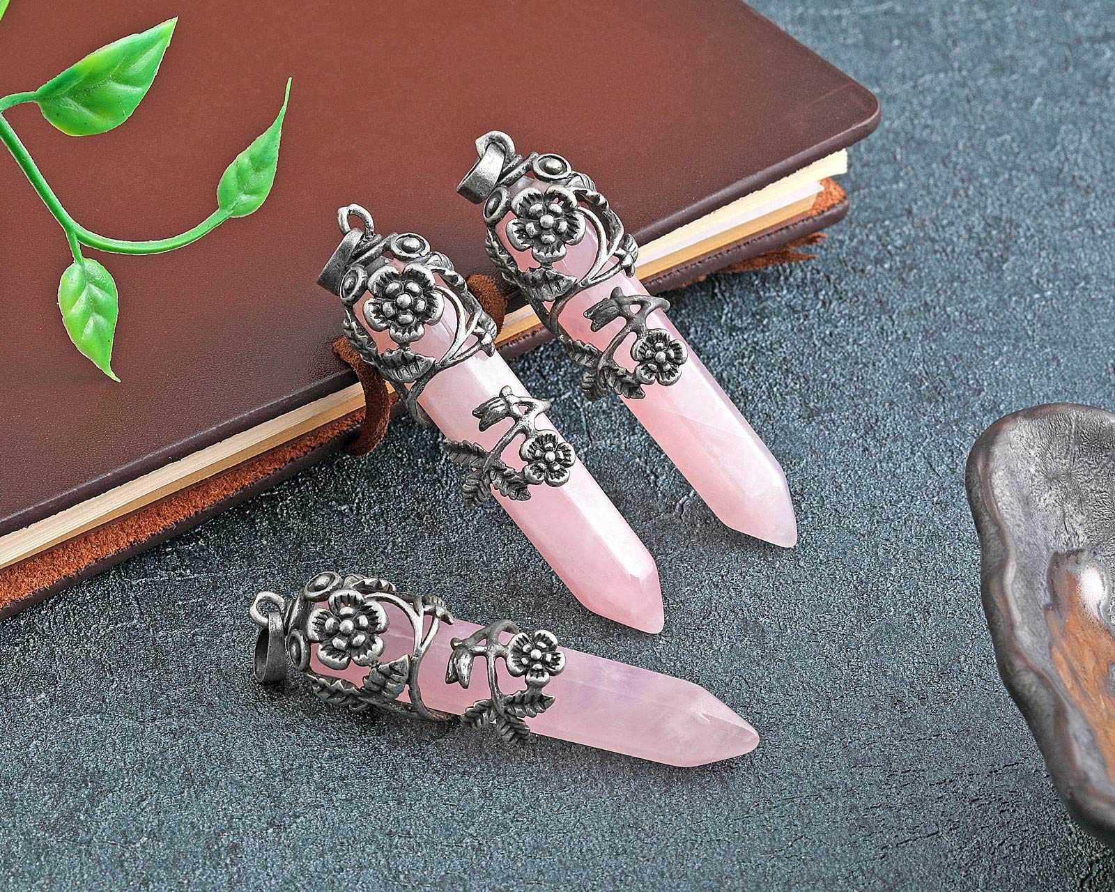Top Plaza Antique Silver Flower Wrapped Natural Rose Quartz Healing Crystal Necklace Mothers Day Mom Gifts