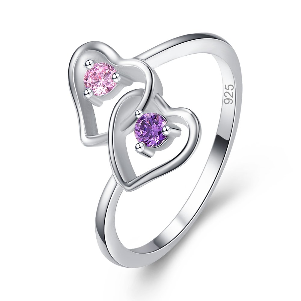 Veunora Silver Plated Created Amethyst and Pink Topaz Cubic Zirconia Filled 2-Stone Heart by Heart Forever Love Ring Women Gift Size 8