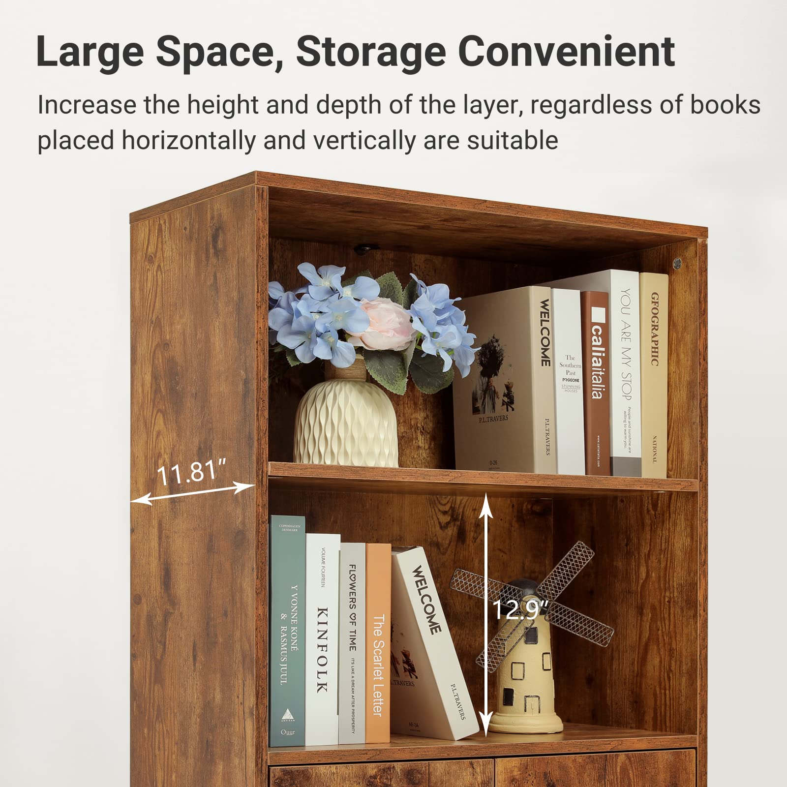 usikey 48.4" H Boho Bookcase, Retro Bookshelf with Doors & 2-Tier Shlef, Mid-Century Modern Storage Cabinet for Bedroom, Study, Living Room, Office, Library, Brown