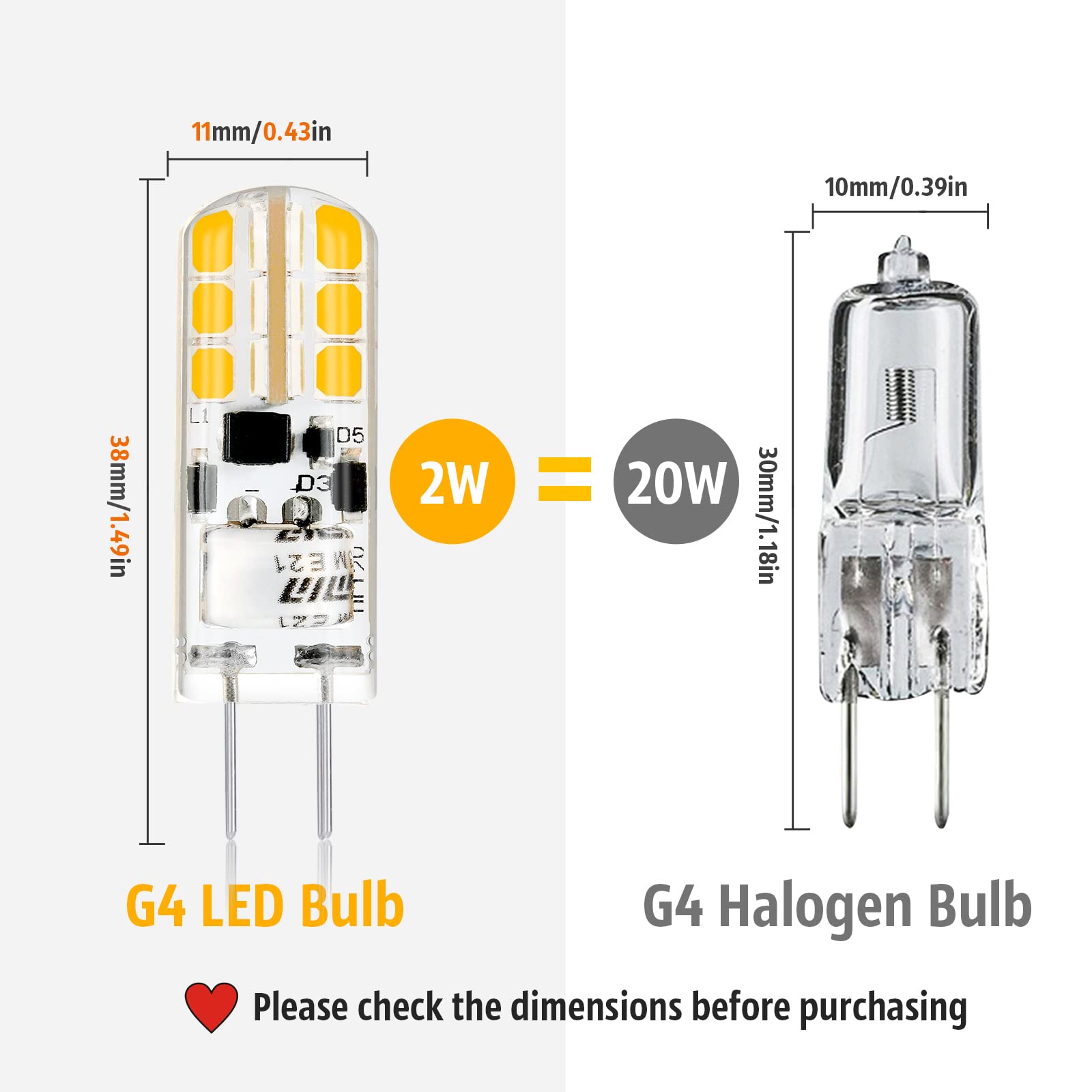YUIIP G4 LED Bulb Light 3W 12V AC/DC Warm White 2700K G4 Bi-pin Base Lamp 48x3014 SMD 20W 30W Halogen Bulbs Replacement for Landscape Under Cabinet Lighting, Non-dimmable, Pack of 8