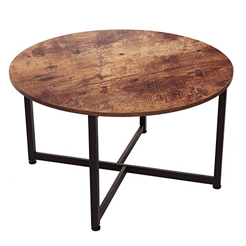 usikey Round Coffee Table for Living Room, Retro Cocktail Table with X Base9 Metal Frame, Sofa Table, Office Table, Entertainment Center for Gaming, in Home Office, Rustic Brown