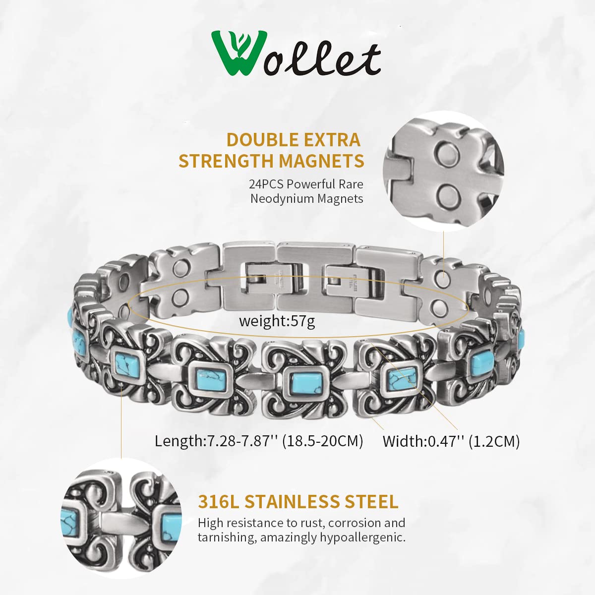 Wollet Jewelry Antique Style Blue Turquoise Magnetic Bracelets for Women