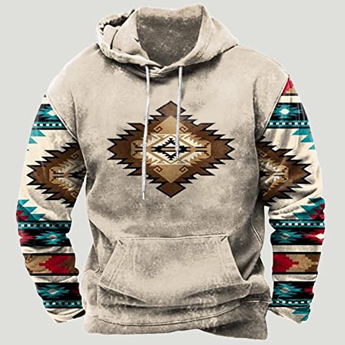 Zeiyignr Men's Western Aztec Sweatshirts, Ethnic Print Graphic Patchwork Hoodies Slim Casual Pullover Tops with Drawstring