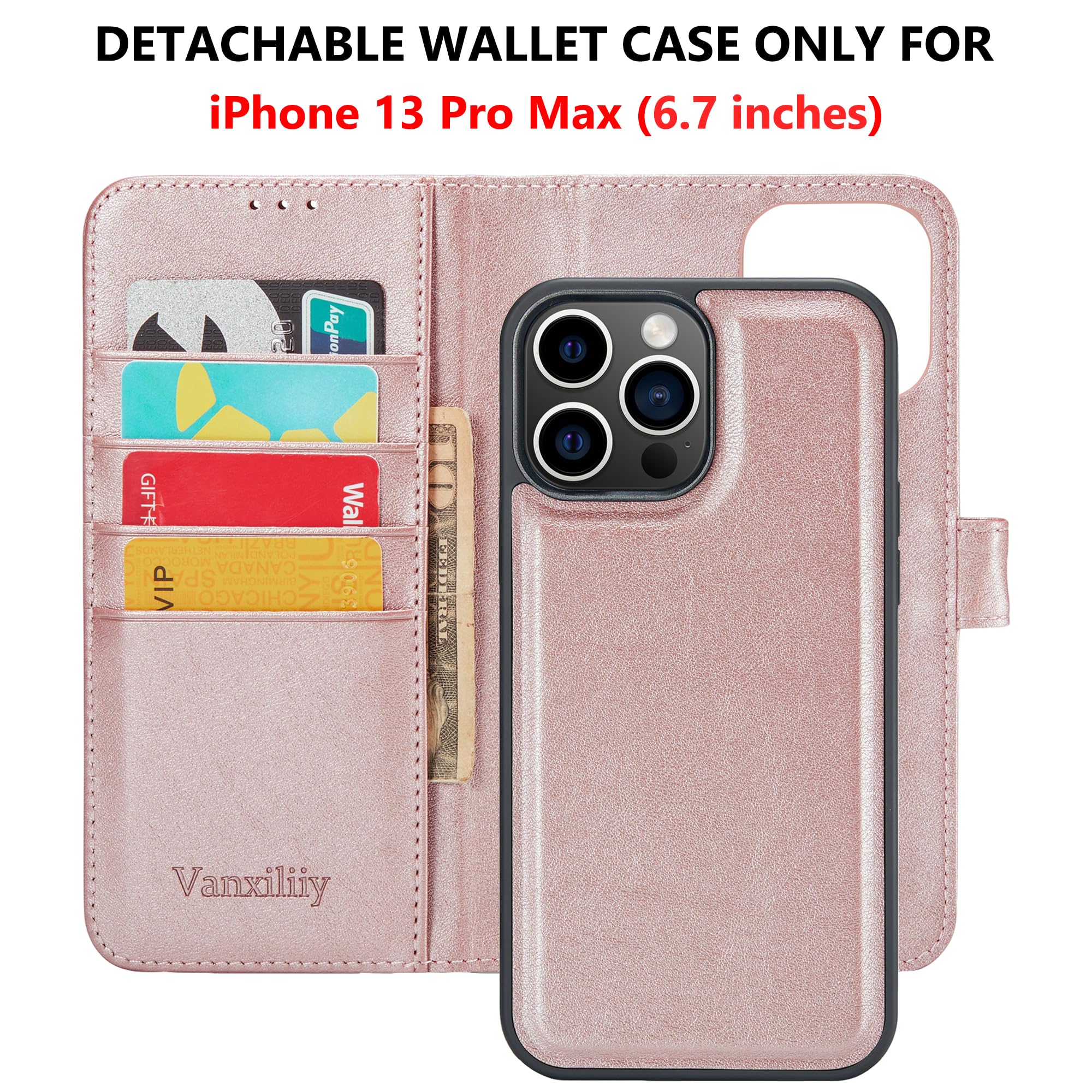 Vanxiliiy iPhone 13 Pro Max Wallet Case【RFID Blocking】 Card Holder PU Leather【Strong Magnetic】 Detachable Phone Cover for iPhone 13 Pro Max, Rose Gold