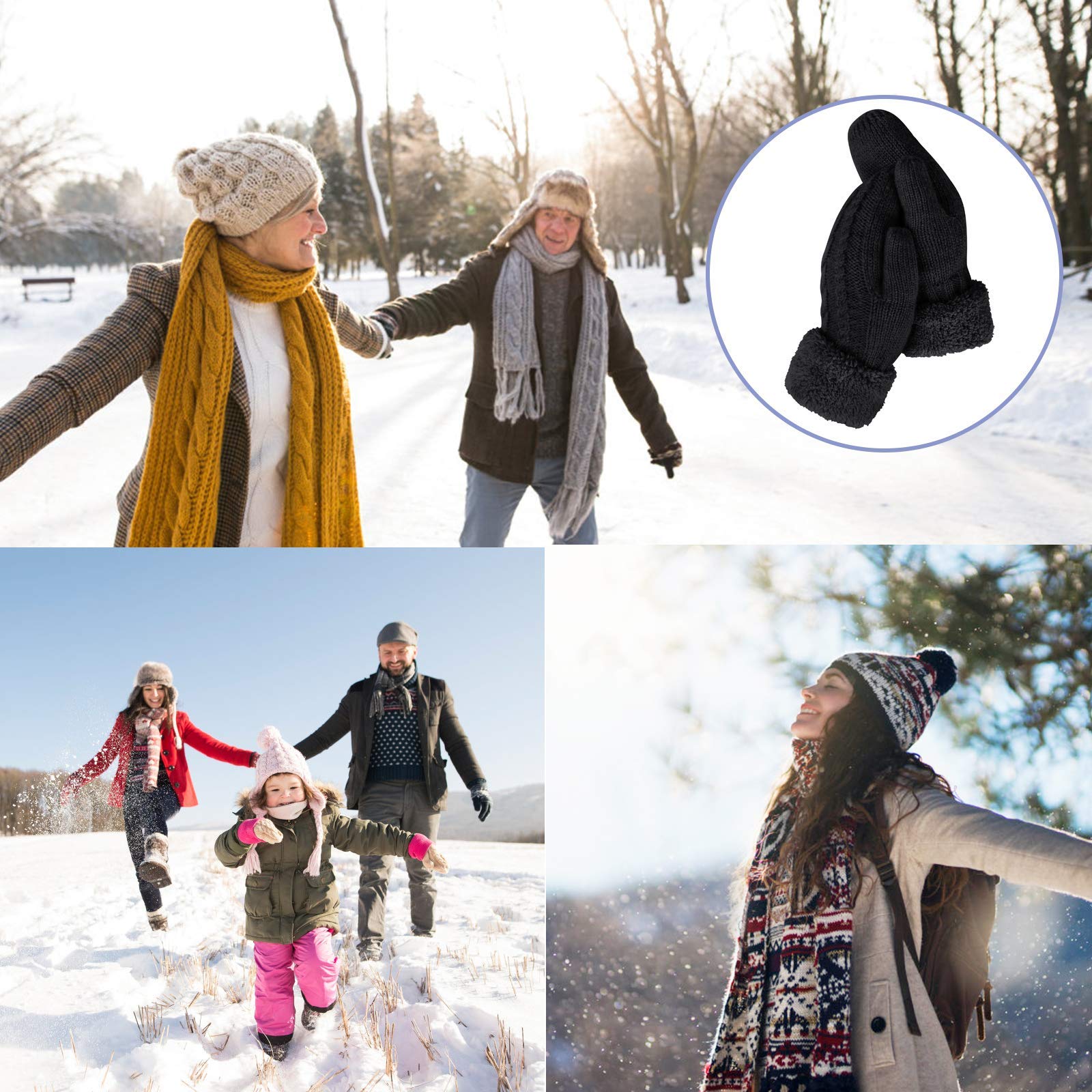 YSense Women's Winter Mittens Warm Wool Knit Thick Christmas Gifts Stocking Stuffers Wear Gloves, Black, Large