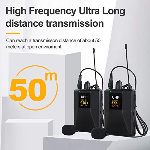XTUGA X-CM012 UHF Dual Wireless Lavalier Microphone, UHF Lapel Mic System with 16 Selectable Channels Come with Two 3.5mm Cables up to 164ft Range for DSLR Camera/DV/Camcorders/Audio Recorder