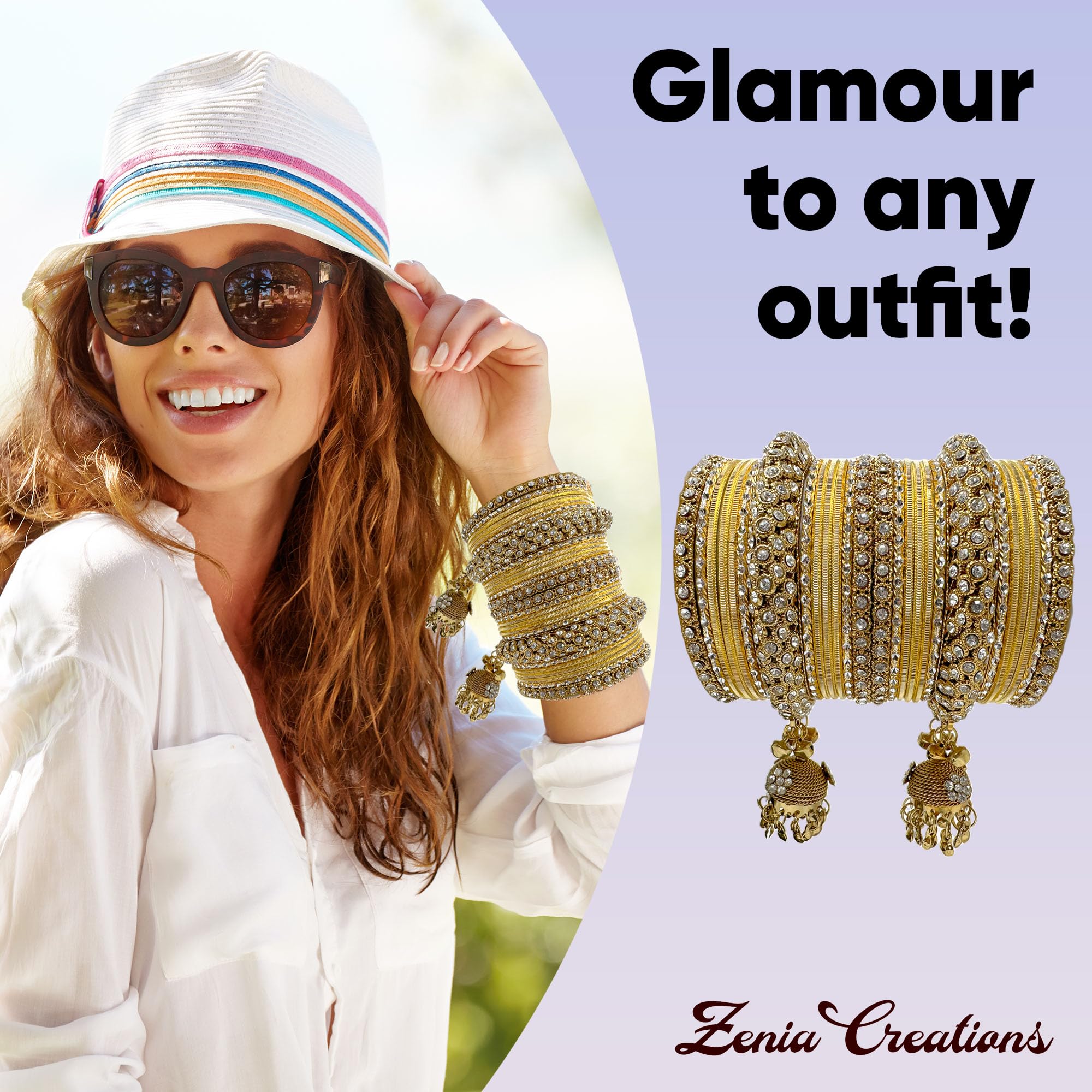 Zenia Creations Indian Bollywood Style Metal Bangle Set with Rhinestones - 26 Piece Bangles Set - with Jhumka, Multiple Sizes, Jewelry Model: 1149 (Gold, 2.8)