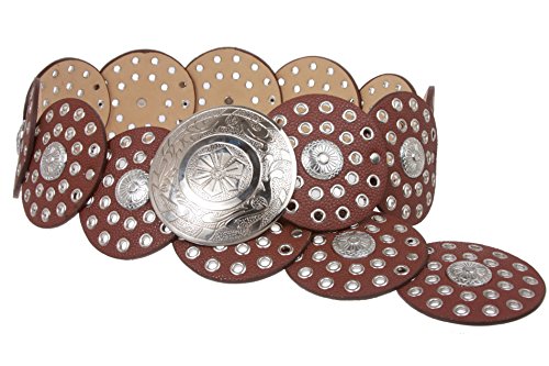 Women's 3 1/2" (90 mm) Wide Boho Disc Concho Leather Belt, Tan | s - 39" (99 cm) end-to-end