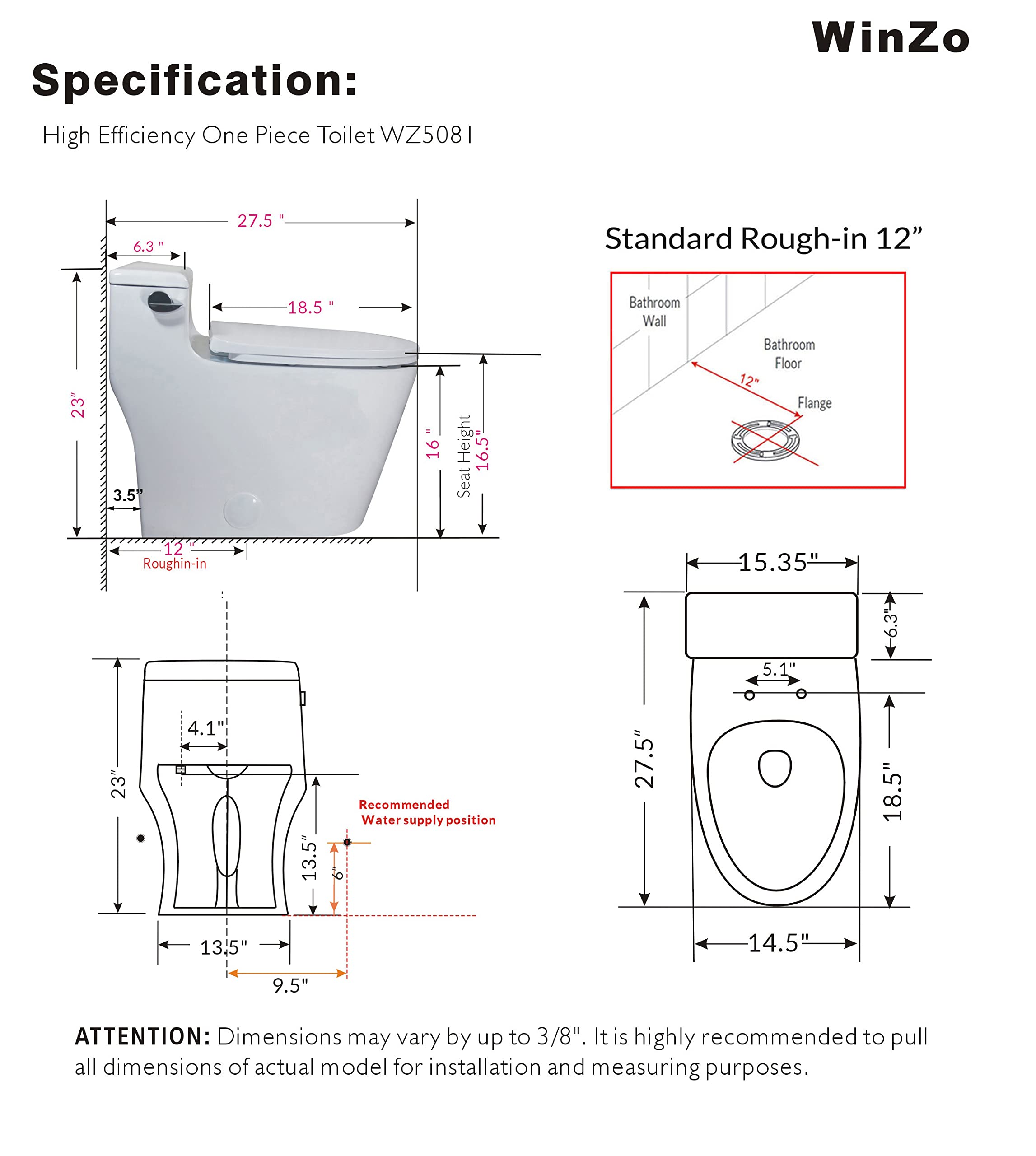 WinZo WZ5081 Elongated One Piece Toilet Low Profile, High Efficiency Side Flush 1.28 GPF with Soft Close Seat White