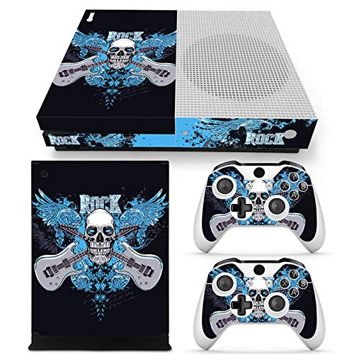ZOOMHITSKINS Compatible for Xbox One S Skin, Xbox One S Controller Skin and Console Skin, Blue Skull Cranium Rock Guitar Grey Silver Black, Durable & Fit, 3M Vinyl, Easy to Install, Made in The USA