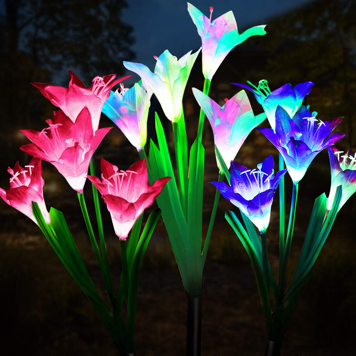Wohome Outdoor Solar Garden Stake Lights,3 Pack Solar Powered Lights with 12 Lily Flower, Multi-Color Changing LED Solar Landscape Lighting Light for Garden, Patio