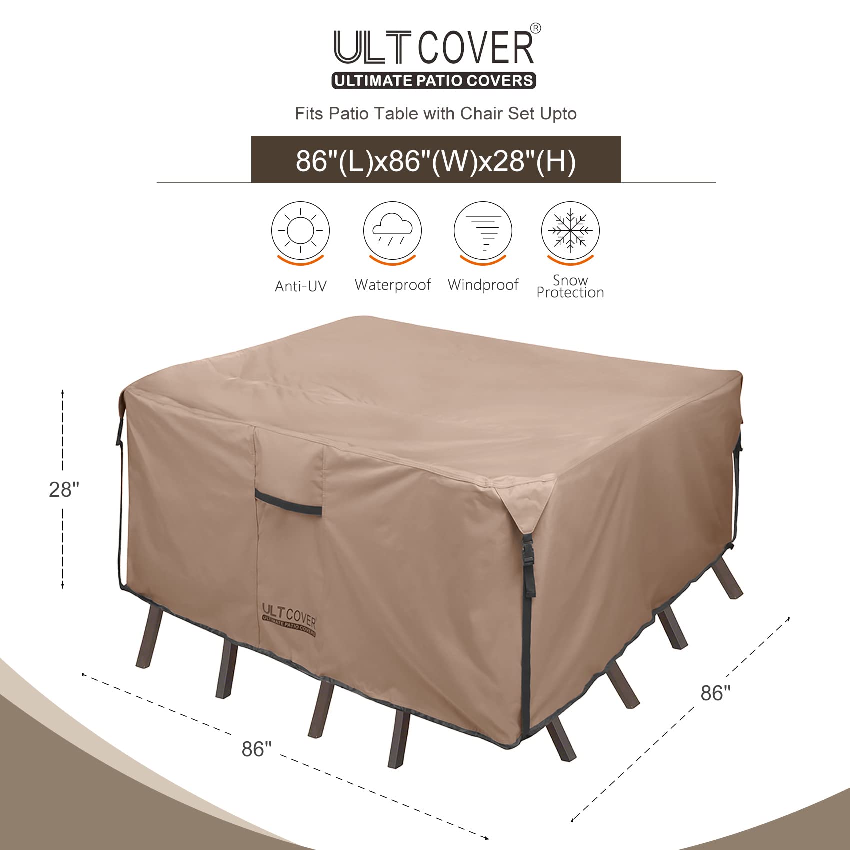 ULTCOVER Square Patio Heavy Duty Table Cover - 600D Tough Canvas Waterproof Outdoor Dining Table and Chairs General Purpose Furniture Cover Size 86 inch