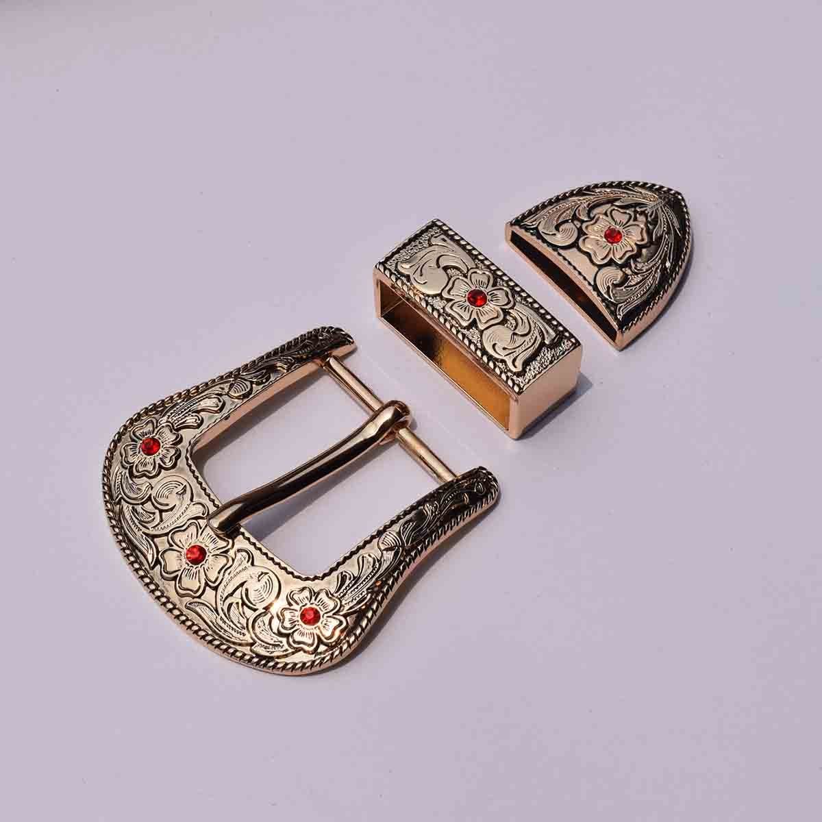 ToSSme 1.5" Wide Engraved Belt Buckles Pale gold Inlaid Ruby Belt Buckle Set