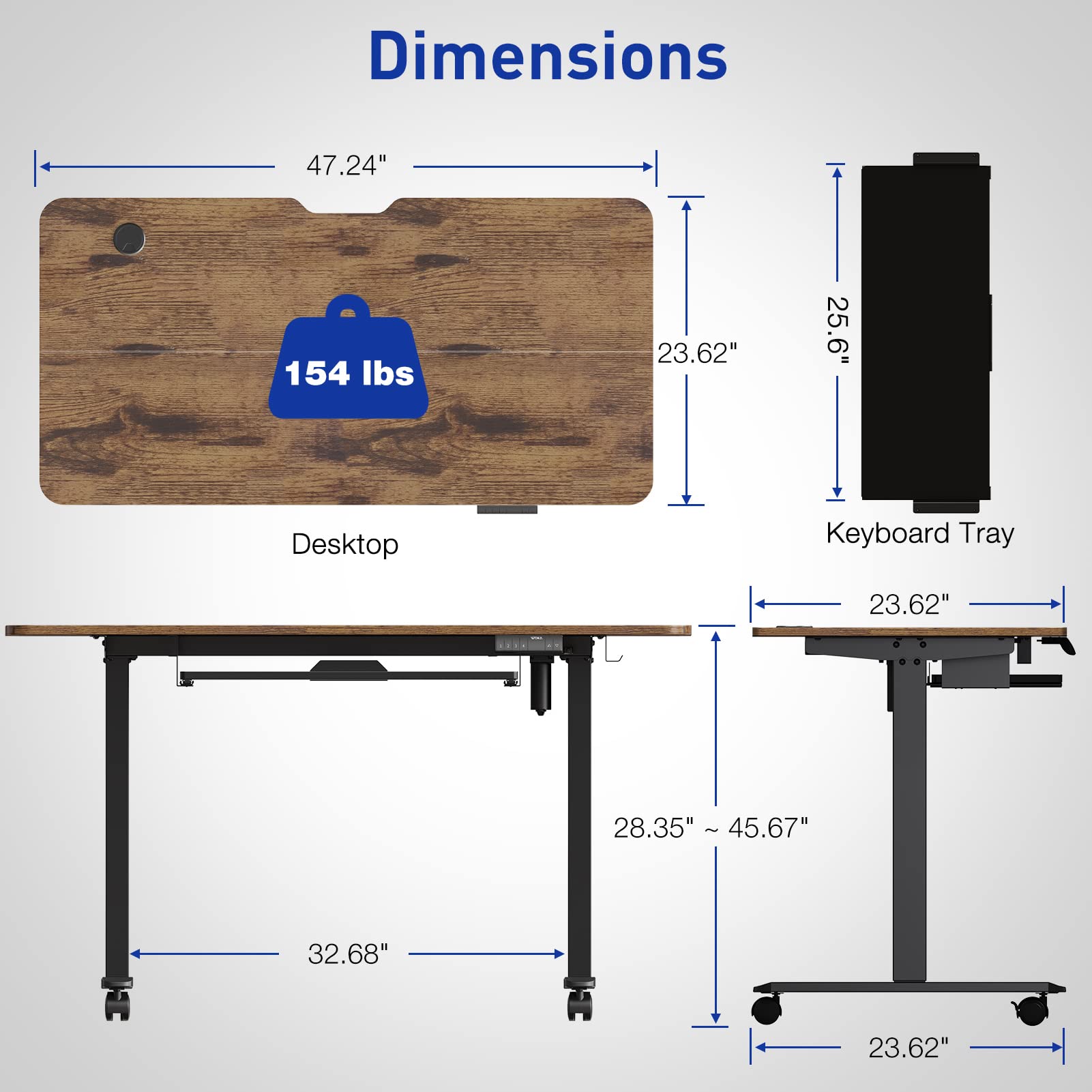 WOKA Electric Standing Desk Adjustable Height, 48 x 24 Inches Stand up Desk with Keyboard Tray, Sit Stand Desk with Memory Controller for Home Office, Motorized Desk with Splice Board, Rustic Brown