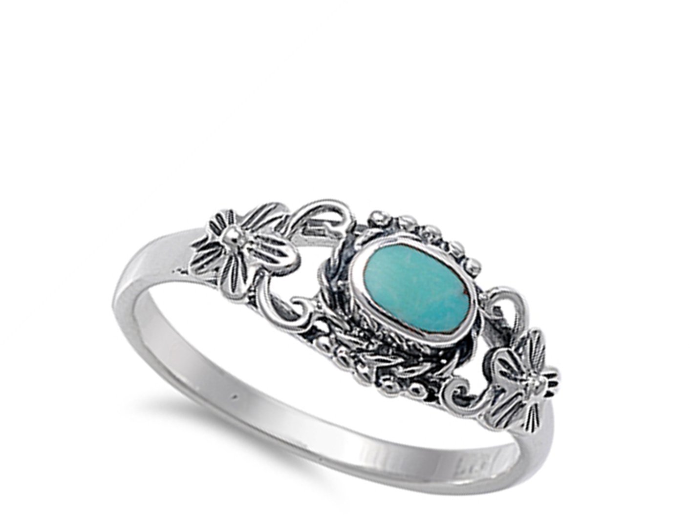 Women's Flower Simulated Turquoise Beautiful Ring New .925 Sterling Silver Band Size 7