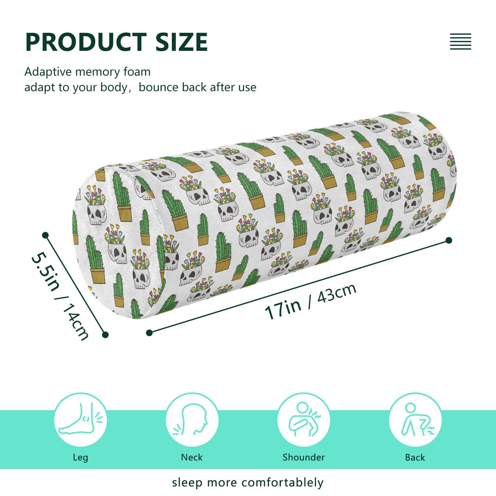 Vnurnrn Cactus Flower Skull Neck Support Pillow Round Neck Roll Bolster Cylinder Pillow Cervical Pillows Knee Pillow for Leg Knee Back Head Support for Bedroom Camp Work Women Men