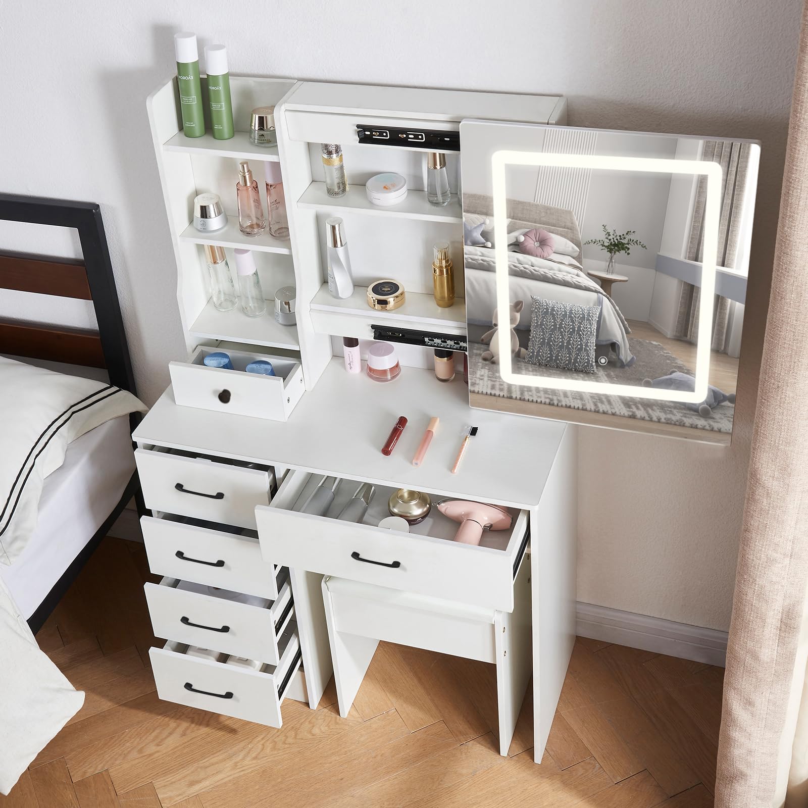 YAMISSI Makeup Vanity with Lights and 6 Drawers, Modern White Vanity Desk with Sliding Mirror and 6 Display Shelves for Girls, Dressing Table Touch Screen for Bedroom