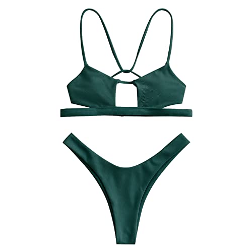 ZAFUL Women's Sexy Braided Cut Out Bikini Set Bandeau Adjustable Straps High Cut Two Piece Swimsuits