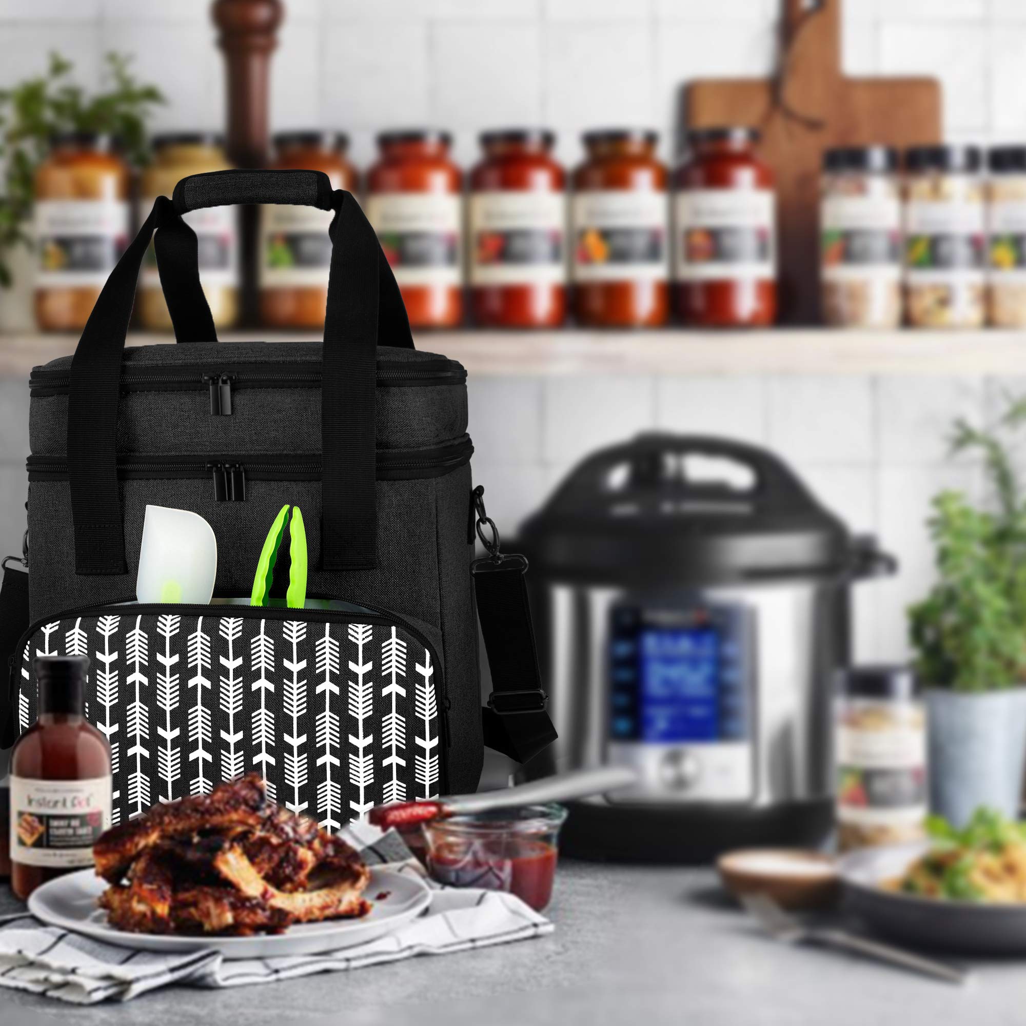 Yarwo Carrying Bag Compatible with Instant Pot 6 Quart, Pressure Cooker Travel Tote Bag with Pockets for Kitchen Accessories, Black with Arrow (PATENTED DESIGN)