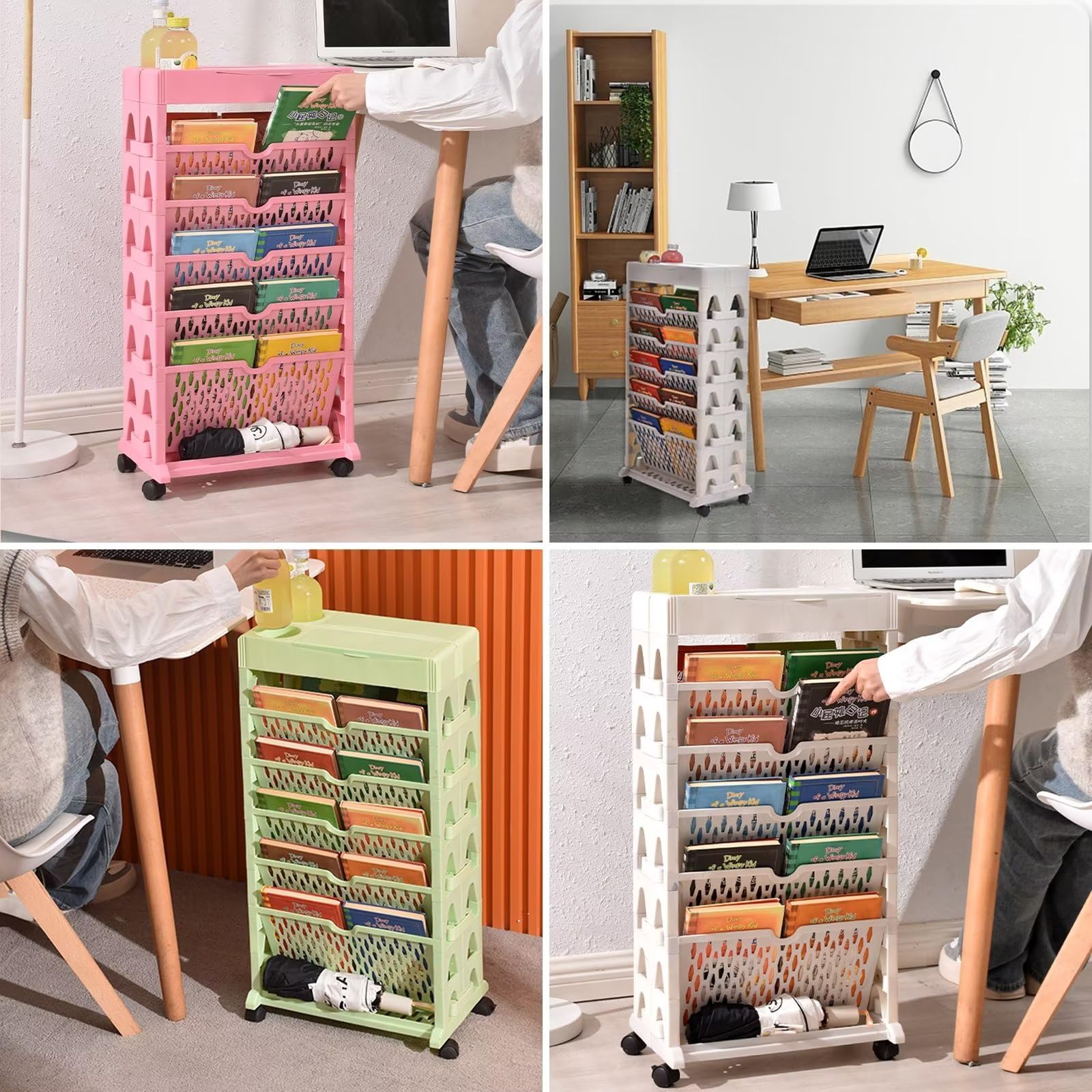 YAYLAIP Rolling Bookshelf Cart,6-Tier Large Capacity,on Wheels Moveable Office Desk File Bookshelf Organizer,with Wheel Multilayer Rotatable,Mobile Portable Removable Plastic Practical Rollingļ¼Pink