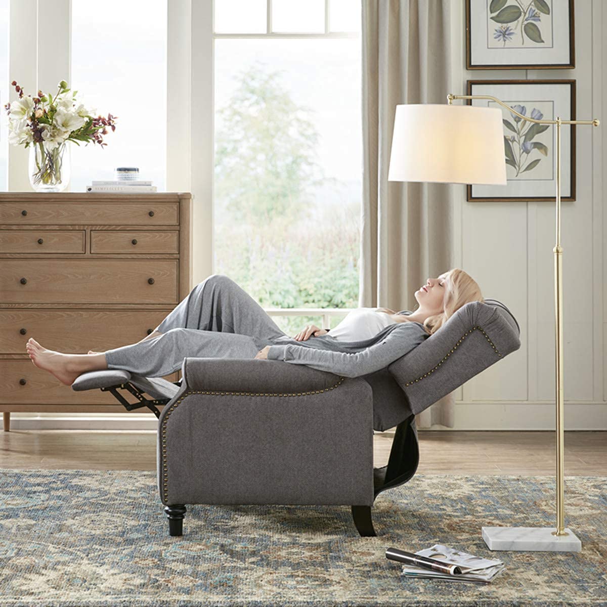 YANXUAN Pushback Recliner Chair, Tufted Armchair with Padded Seat, Backrest,Nailhead Trim, Gray