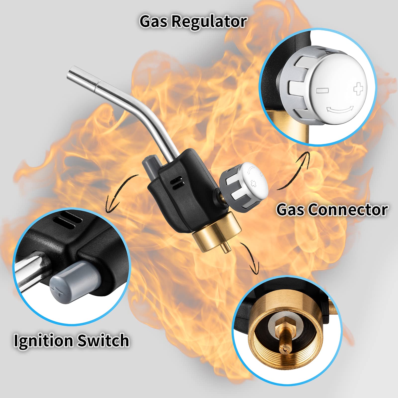 YOUDO Heavy-Duty Trigger-Start Propane Torch Powered Blow Torch Head with Easy Push Ignition, Adjustable Flame & Short-Neck Burner Tube (Keep tilt within 60 degrees and use upwards)
