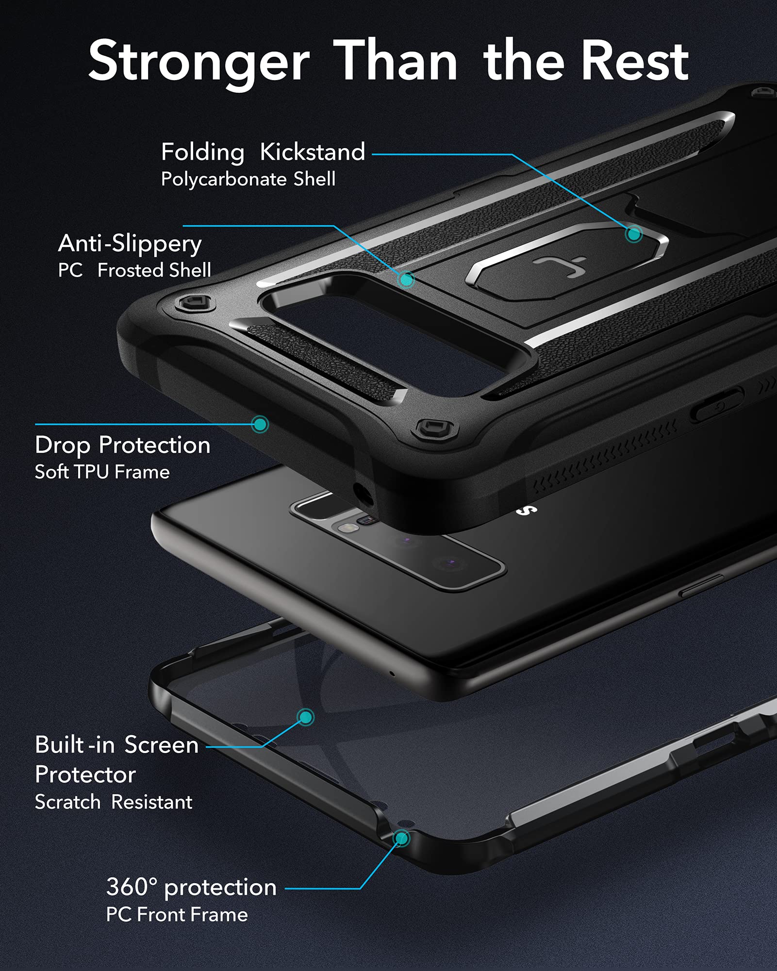YOUMAKER Kickstand Case for Galaxy Note 8, Full Body with Built-in Screen Protector Heavy Duty Protection Shockproof Rugged Cover for Samsung Galaxy Note 8 6.3 Inch - Black