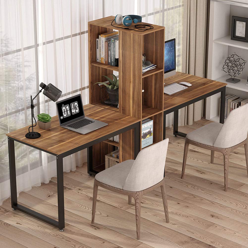 Tribesigns 91 inch Two Person Desk with Storage Shelves, Extra Long Double Desk with Bookshelf, 2 Person Computer Desk Double Workstation Desk for Home Office (Dark Walnut)