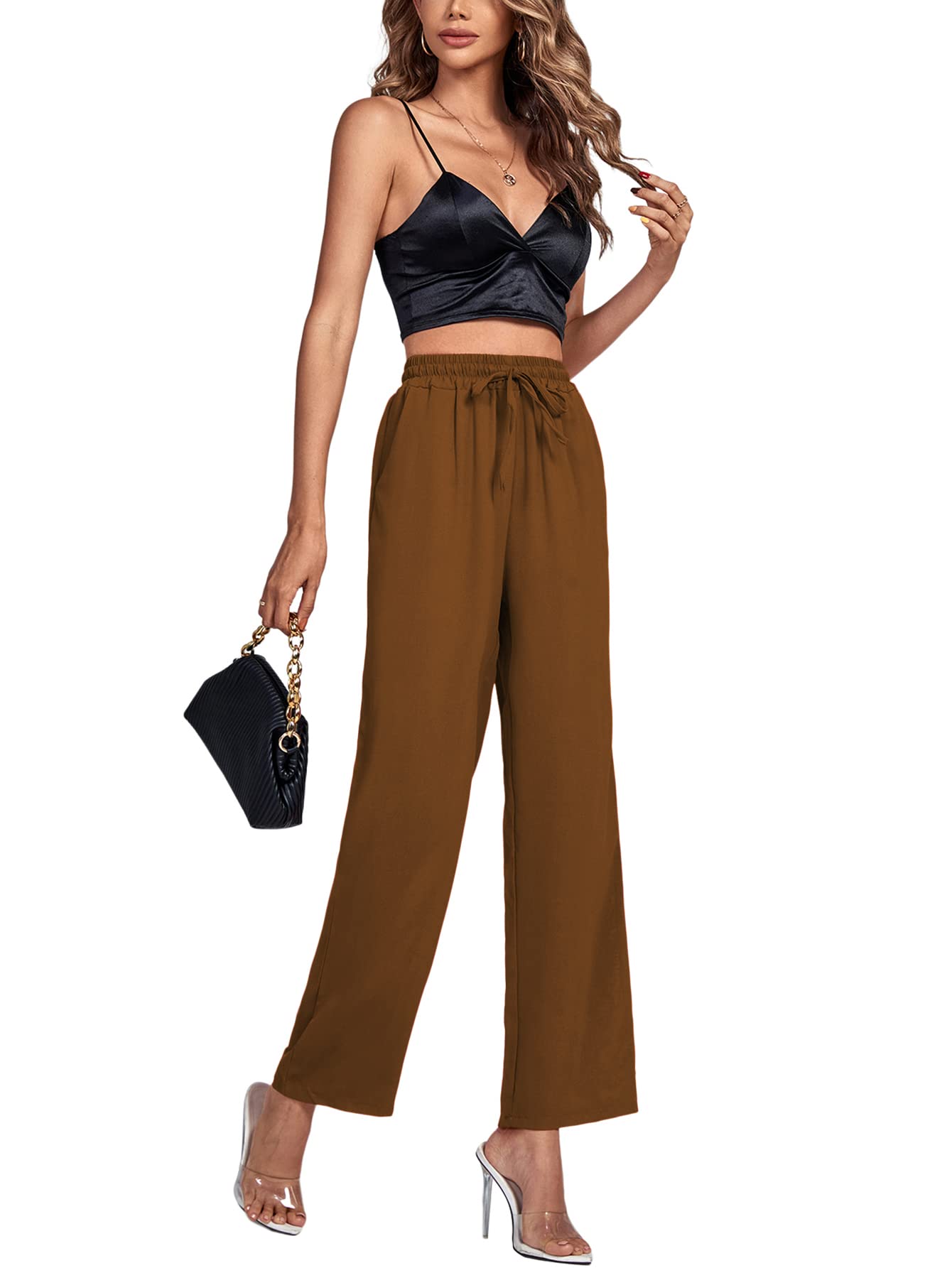 Umenlele Women's Casual Drawstring Elastic High Waist Pants Sport Yoga Jogger Trousers with Pockets Brown Large