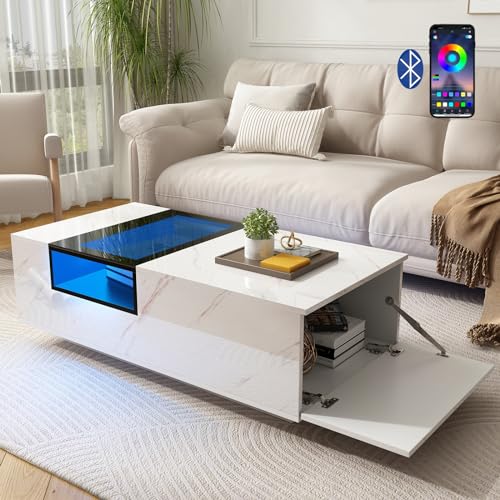 Uspeedy 47.3IN LED Coffee Table, White Coffee Table for Living Room,High Gloss Modern Coffee Table with APP Control, Large Coffee Table with Marbling Print(Marbling)