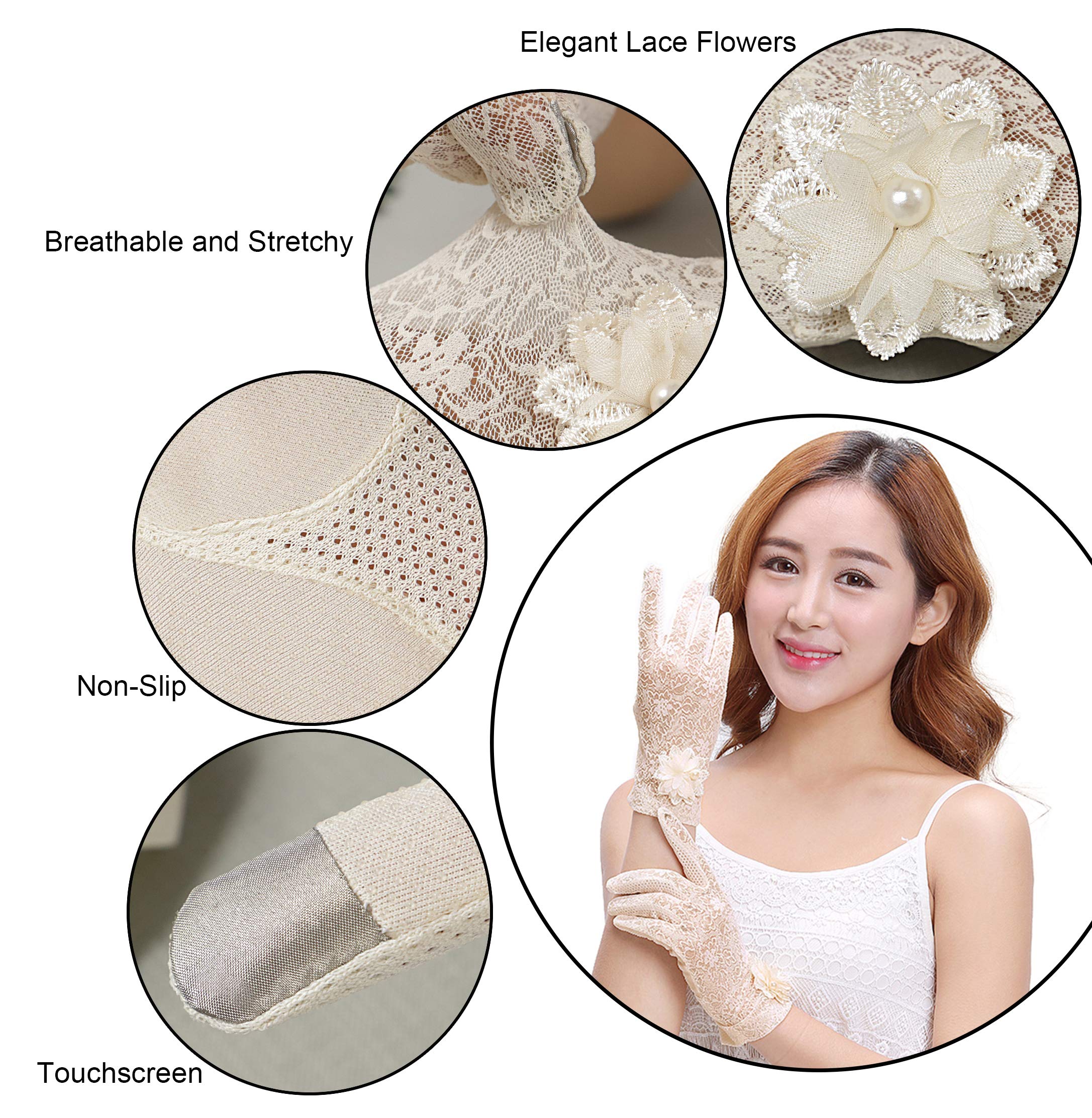 Women's Summer Touch Screen Gloves Lace Anti-skid Outdoor Driving Tea Party Gloves, Beige