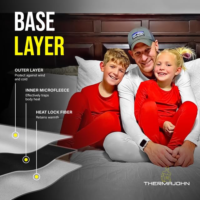 Thermajohn Thermal Underwear for Kids, Boys Thermal Underwear Set | Kids Base Layers for Skiing | Long Johns for Boys Kids, Black, (XS)