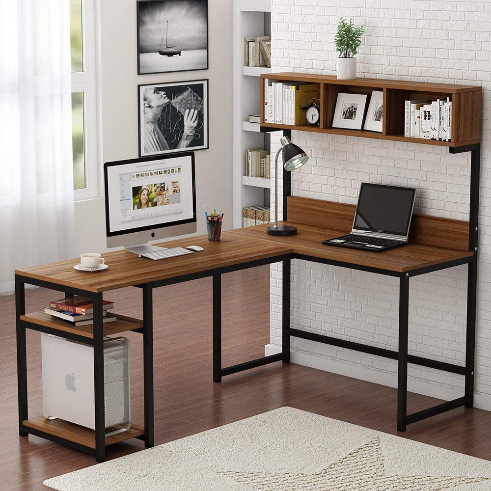 Tribesigns L-Shaped Desk with Hutch, 68 Inches Corner Computer Desk Gaming Table Workstation with Storage Bookshelf for Home Office,Dark,Walnut