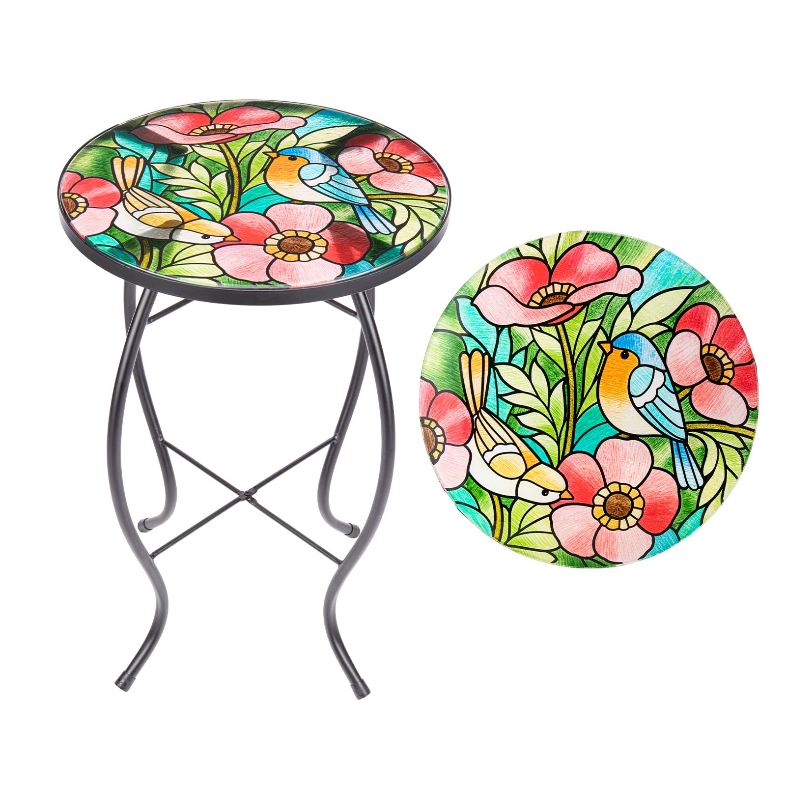 VCUTEKA Patio Side Table Outdoor Accent Table Bistro Coffee Table Plant End Table Small Porch Table Indoor Round Glass Balcony Plant Table Stands