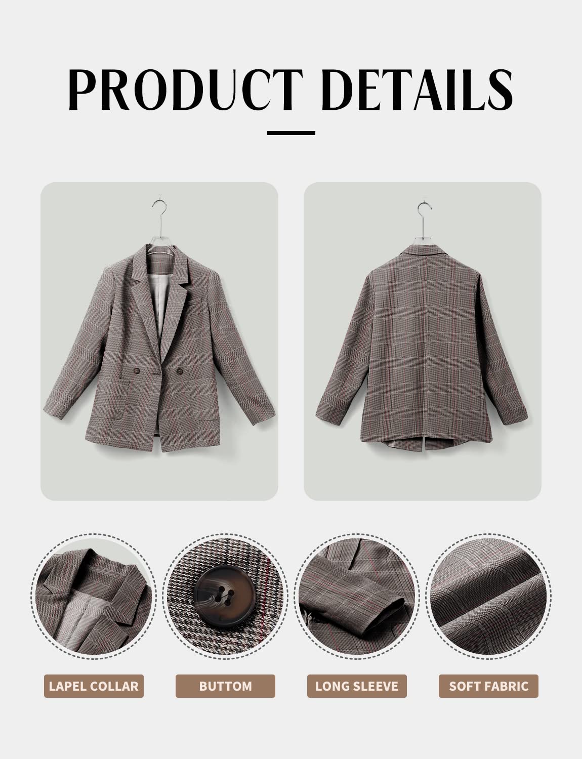 Women's Casual Blazer Long Sleeve Lapel Open Front Work Office Professional Plaid Blazer Jacket for Women Brown Plus Size 2XL
