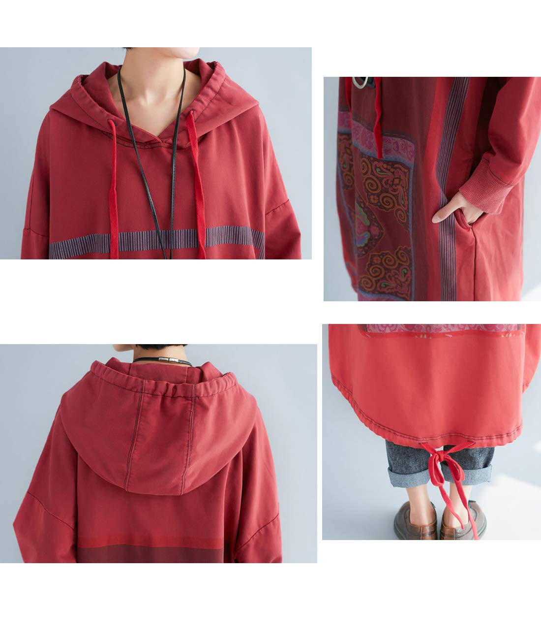 YESNO Women Casual Loose Ethnic Floral Hoodies Sweatshirts Jackets Curved Hemline with Drawstring Long Sleeve/Pockets JCJ (One Size YK9 Red)