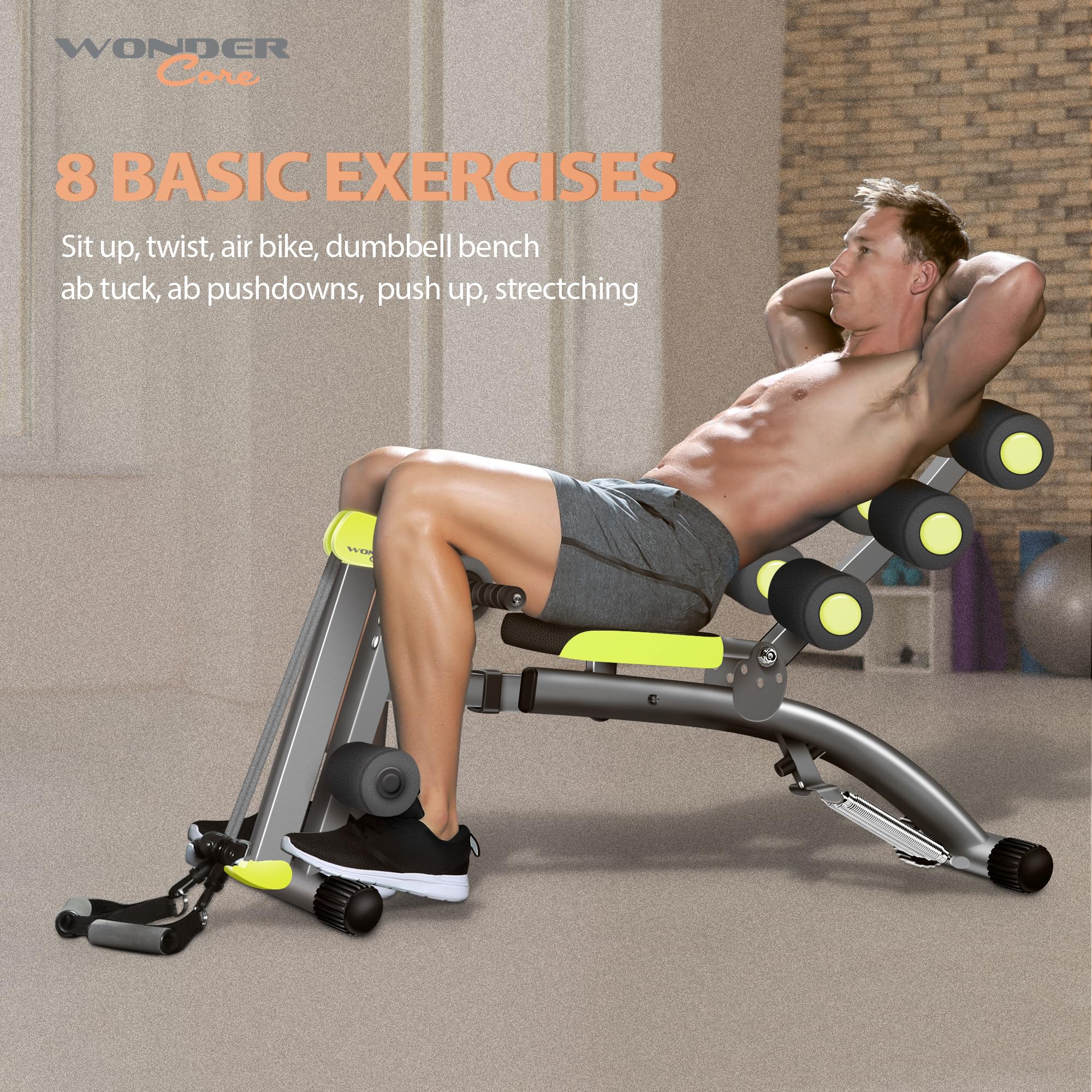 WONDER CORE Pro Max Workout Equipment Home Gym, 4-in-1 Exercise Equipment: Rowing Machine, Leg Press Machine, Ab Glider Machine, Roman Chair, Fitness Equipment for Core Strength Training (Green)