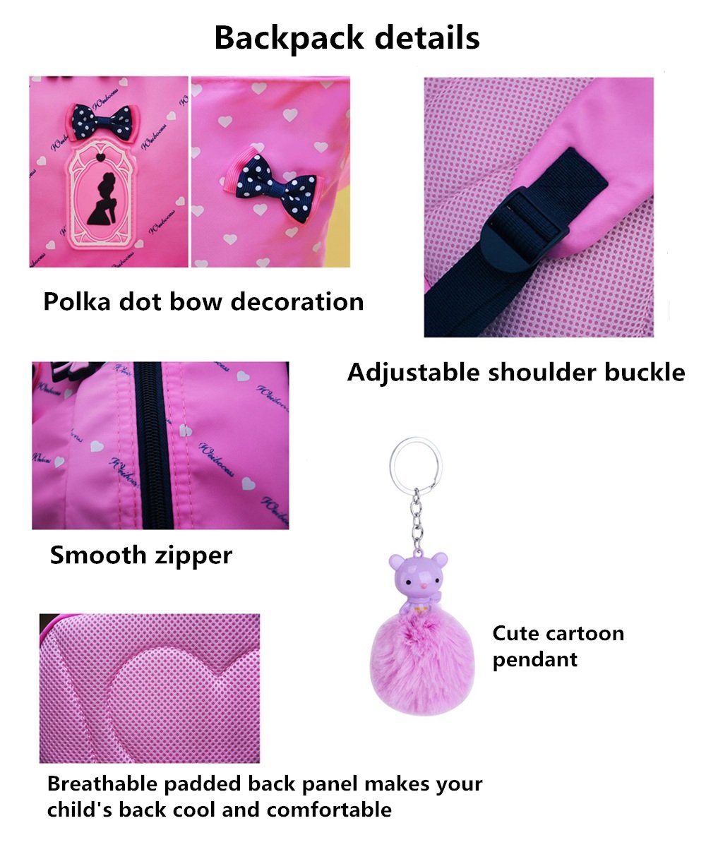 VIDOSCLA 3Pcs Heart Printing Backpack Sets Bowknot Primary Schoolbag Travel Daypack Shoulder Bag Girls Rucksack knapsack