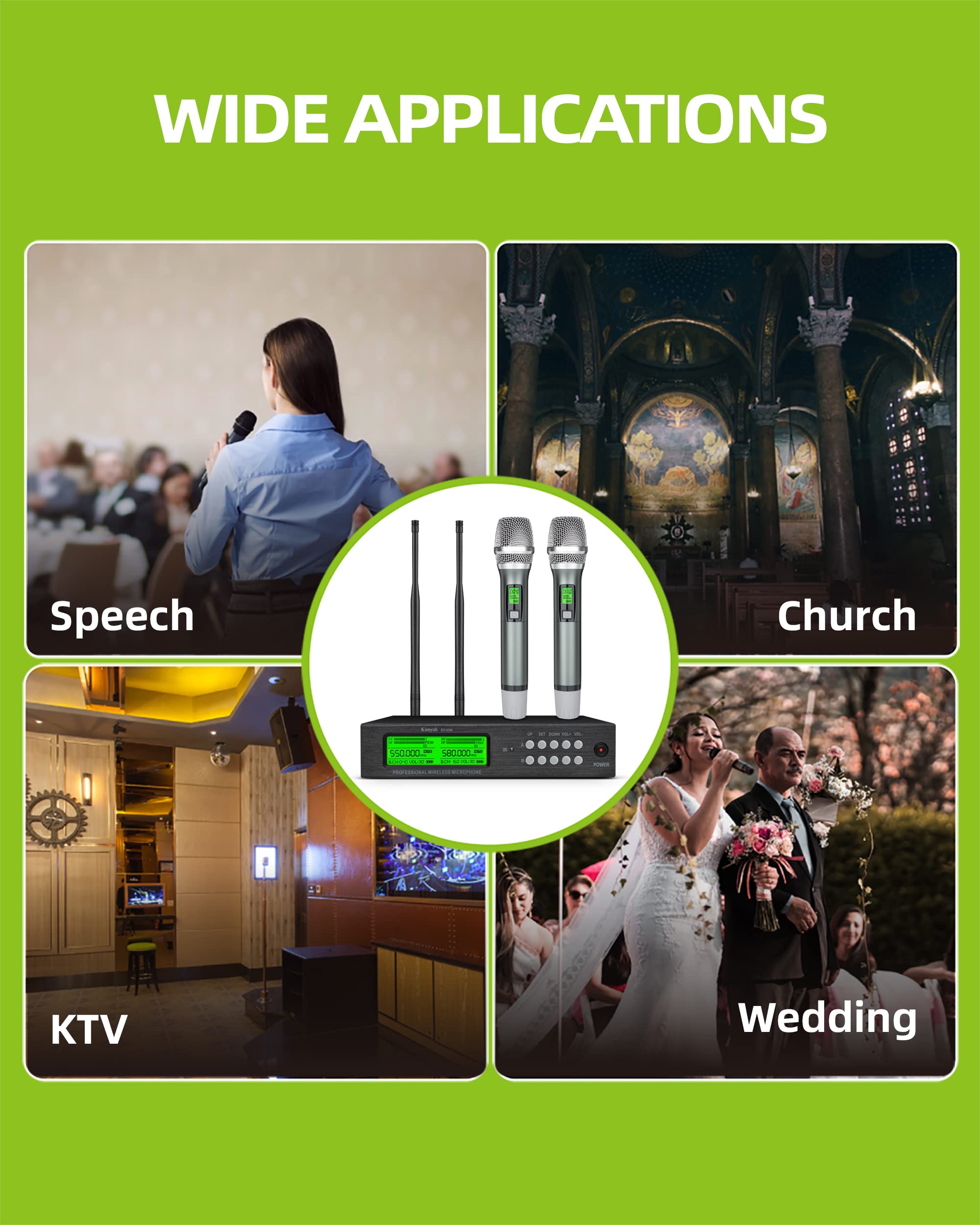 Wireless Microphone System, All Metal Dual UHF Cordless Mics of Handheld, 328ft Range, Ideal for Church, Conference and Karaoke, DJ, Wedding(KY-8208)