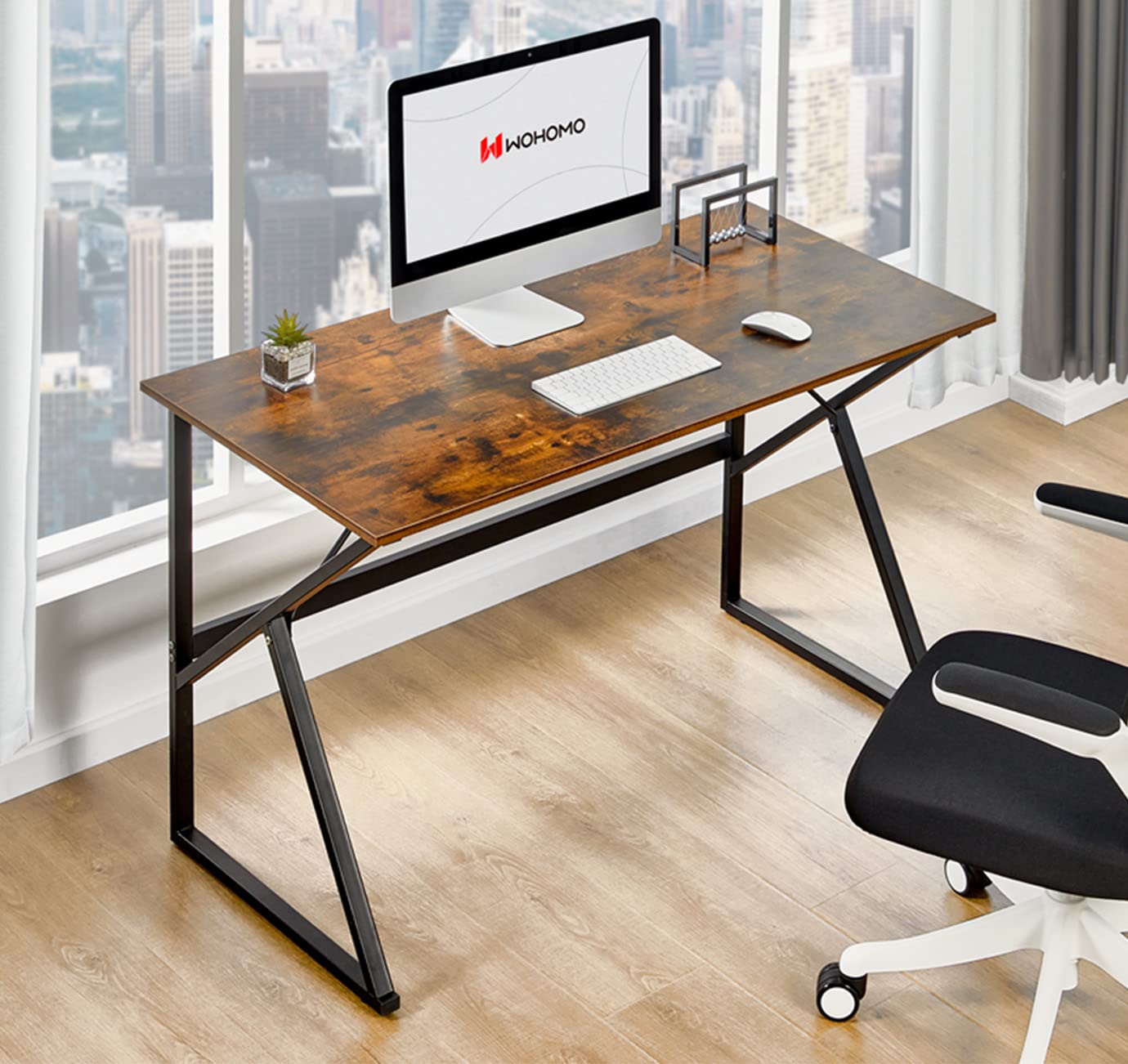 WOHOMO Computer Writing Desk 47 inch for Small Space,K-Shaped Sturdy Home Office School Kid Table,Wood Metal Workstation Simple Modern PC Stand Desk,Rustic Brown Vintage