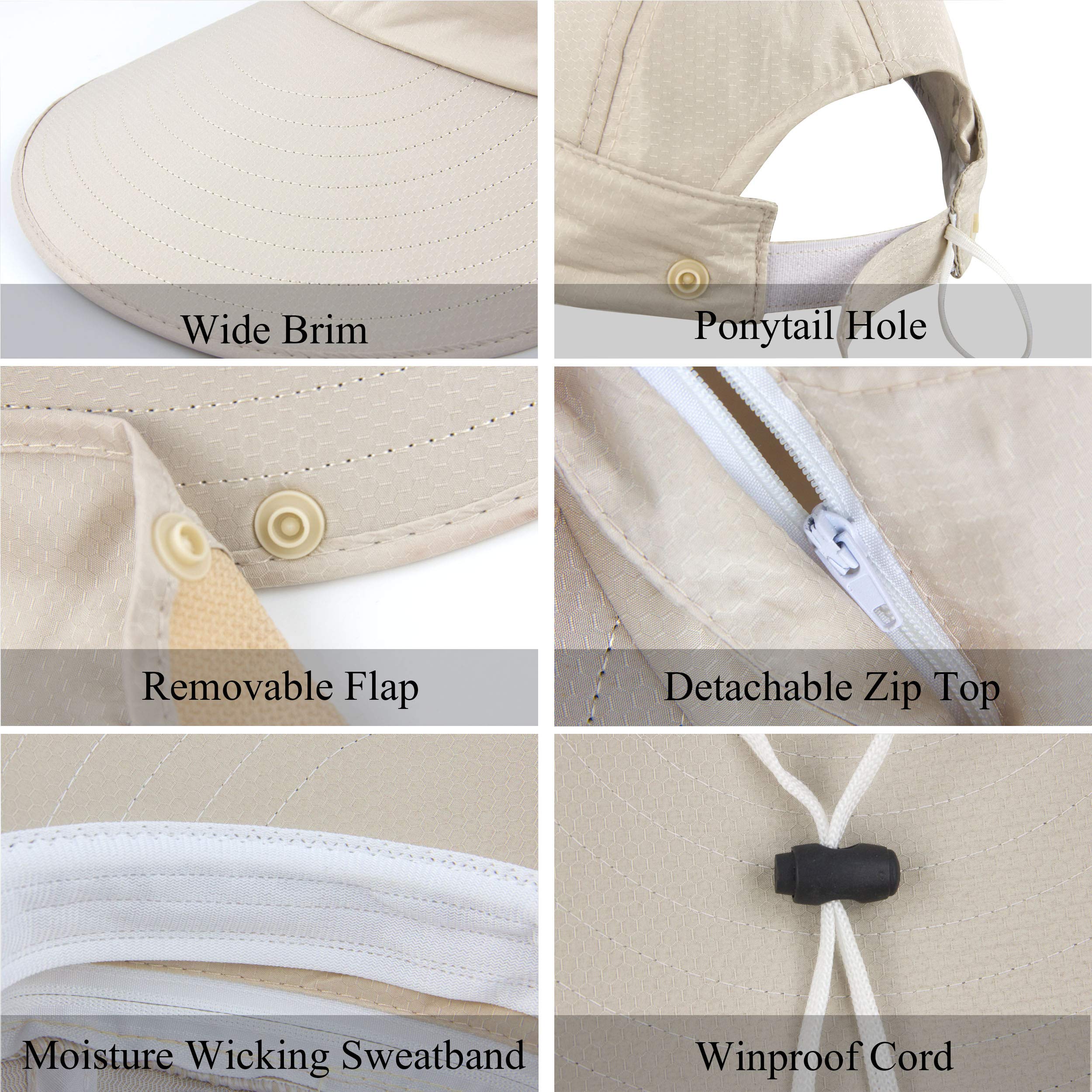 Women Summer Sun Protection Hat Wide Brim UV Hats Removable Neck Face Flap Cap with Ponytail Hole for Fishing Climbing Gardening Beige