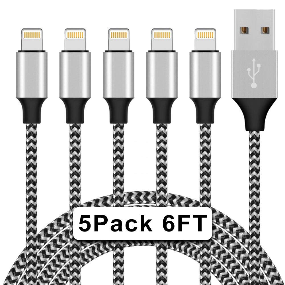 YEFOOT iPhone Charger, MFi Certified Lightning Cable 5PACK 6FT Nylon Woven USB Charging Cable with Metal Connector Compatible iPhone 11/Pro/Xs Max/X/8/7/Plus/6S/6/SE/5S iPad-Black&White