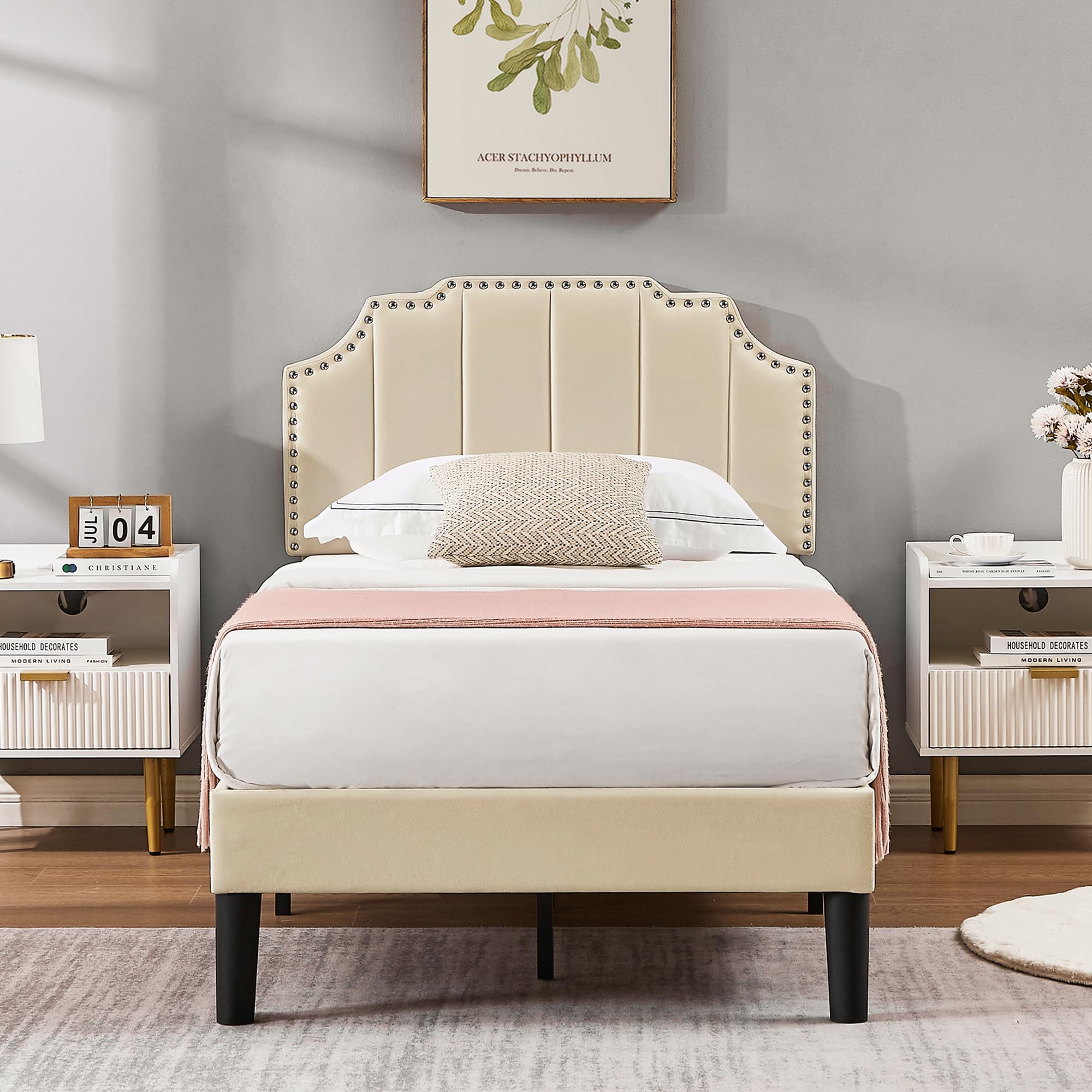 VECELO Twin Size Bed Frame Upholstered Platform with Tufted Adjustable Headboard/Mattress Foundation with Wood Slat Support, Easy Assembly,Honey Beige